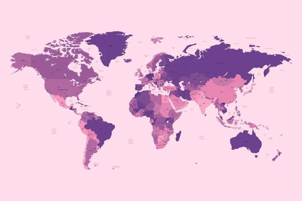 Tapeta detailní mapa světa ve fialové barvě - 225x150 cm