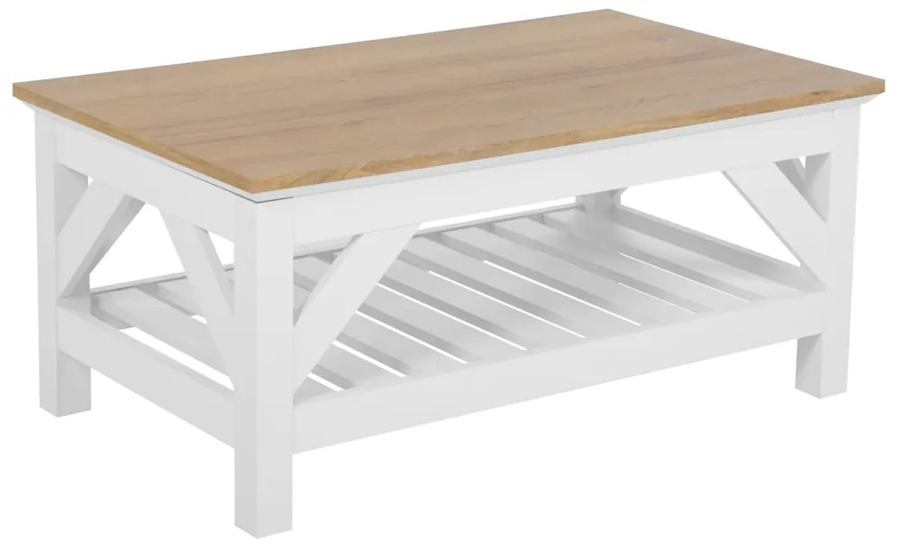 Bílý konfereční stolek s deskou z přírodního dřeva SAVANNAH