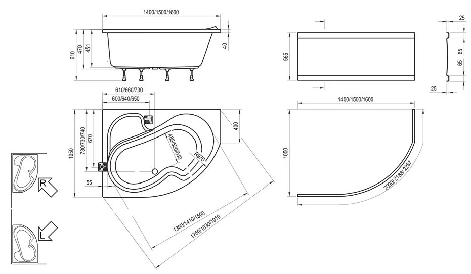 Akrylátová asymetrická vana Ravak Rosa I 140x105 cm LEVÁ, bez noh