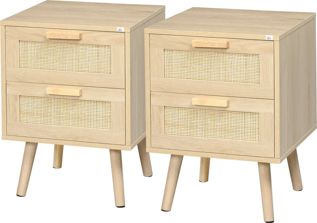 HOMCOM Set 2 Nočních Stolků, Boční Stoly, 2 Zásuvky s Ratanovými Předními Stranami, Boho Styl, Noční Stolky, Nohy z Přírodního Borového Dřeva