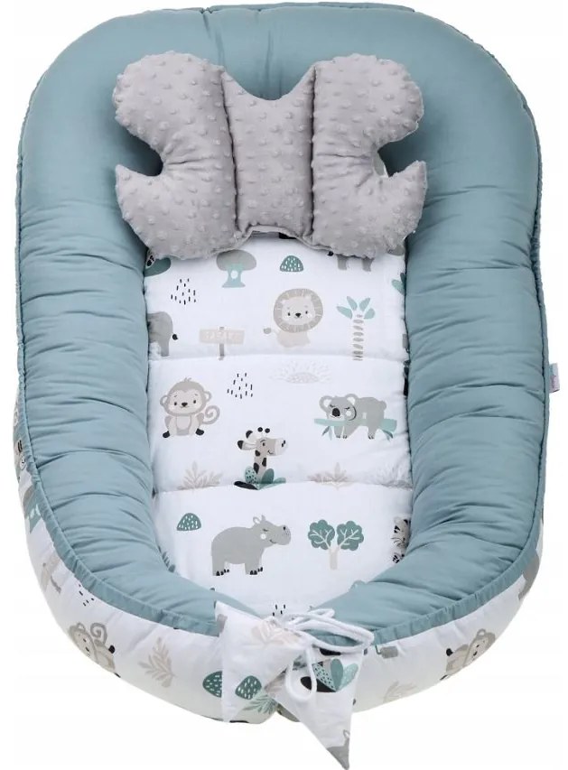 Oboustranné hnízdečko (kokon) pro miminko - BABYMAM PREMIUM set 7v1 - Na safari s šedou minky