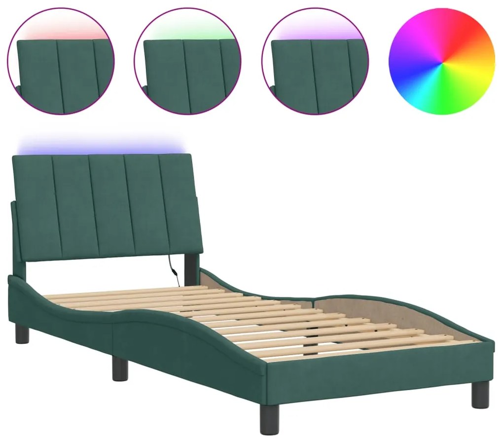 vidaXL Rám postele s LED osvětlením tmavě zelený 80 x 200 cm samet