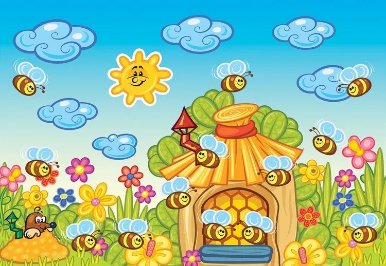 Fototapeta, Tapeta Cartoon Bees And Sunshine, (416 x 290 cm)
