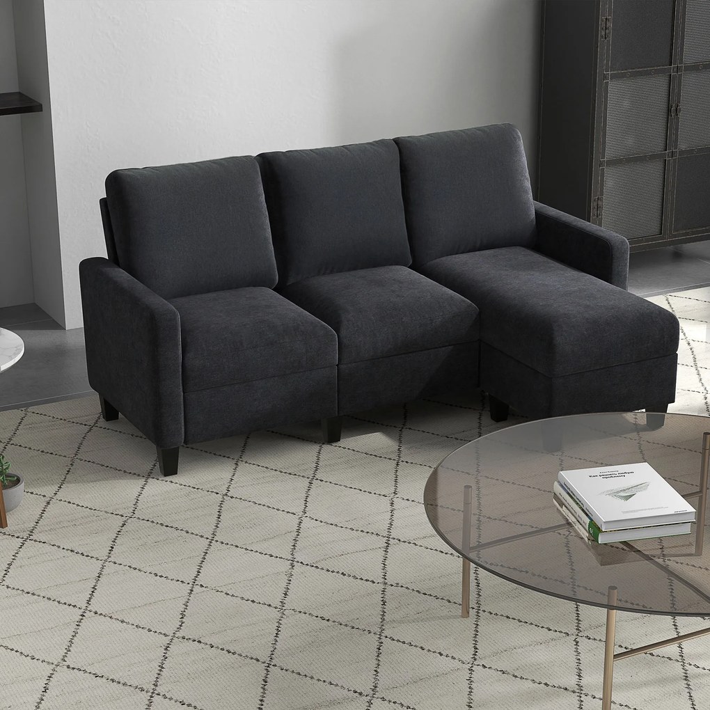 HOMCOM Rohová Sedačka se Spací Funkcí, 3místná Sedačka s Polštáři, L-Tvarovaný Gauč do Obývacího Pokoj, Ložnice 197 x 139 x 91 cm, Polyester, Tmavě š…