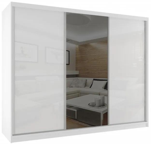 Šatní skříň s posuvnými skleněnými dveřmi se zrcadlem šířka 235 cm bílý korpus 69 Bílá - Bílá