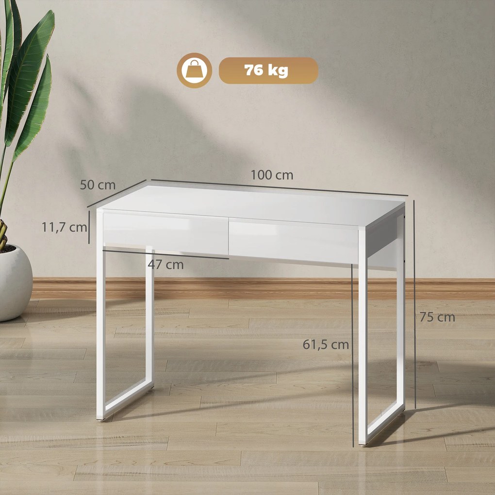 HOMCOM Psací stůl 100 x 50 cm, počítačový stůl, kancelářský stůl se 2 zásuvkami, pro malé prostory, bílý
