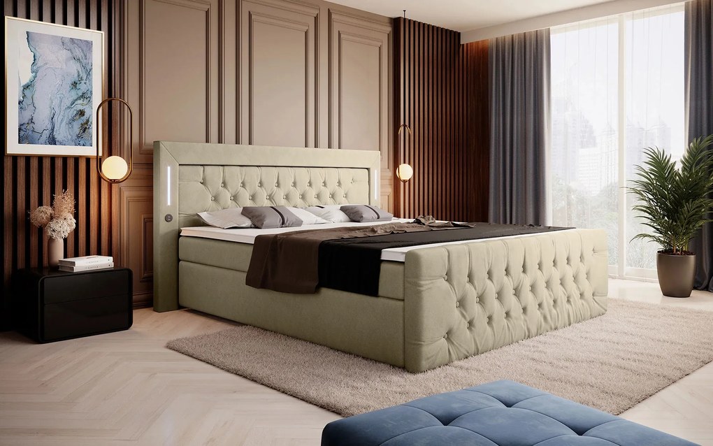 K&M postele Boxspring postel ELEGANCE s úložným prostorem, LED a USB Velikost postele: 140 × 200 cm, Výběr matrace: Taštičková zónová matrace - měkká…