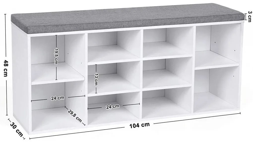 Botník s lavicí a polštářem bílý 104×30×48 cm – 10 přihrádek