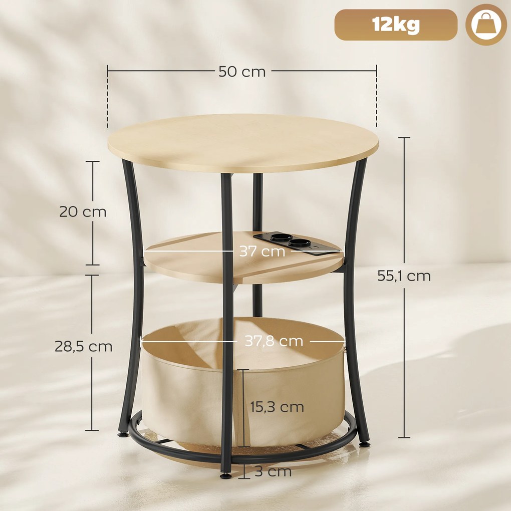 HOMCOM Odkládací stolek 3patrový konferenční stolek s nabíjecí stanicí, látková úložná taška, odkládací plocha, 50x50x55,1 cm, přírodní dřevo
