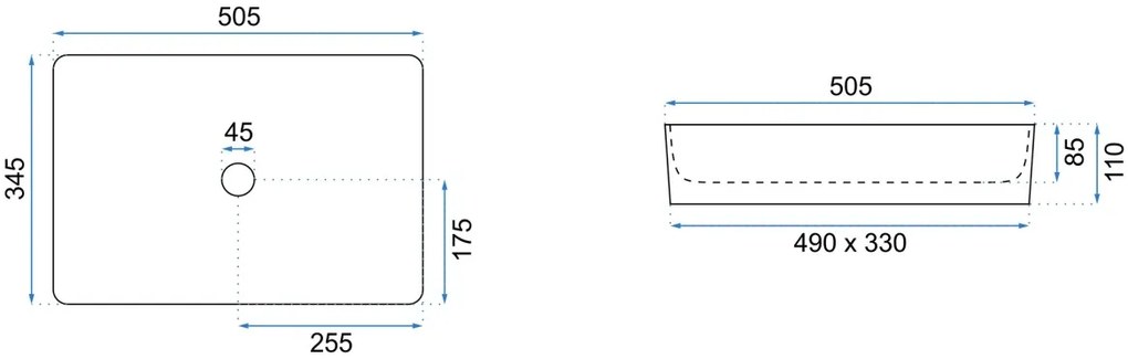 Keramické umyvadlo na desku Rea Avia 50,5x34,5 cm černé