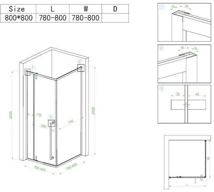 BPS-koupelny Čtvercový sprchový kout HYD-SK11A 80x80 černá/transparent - bez vaničky