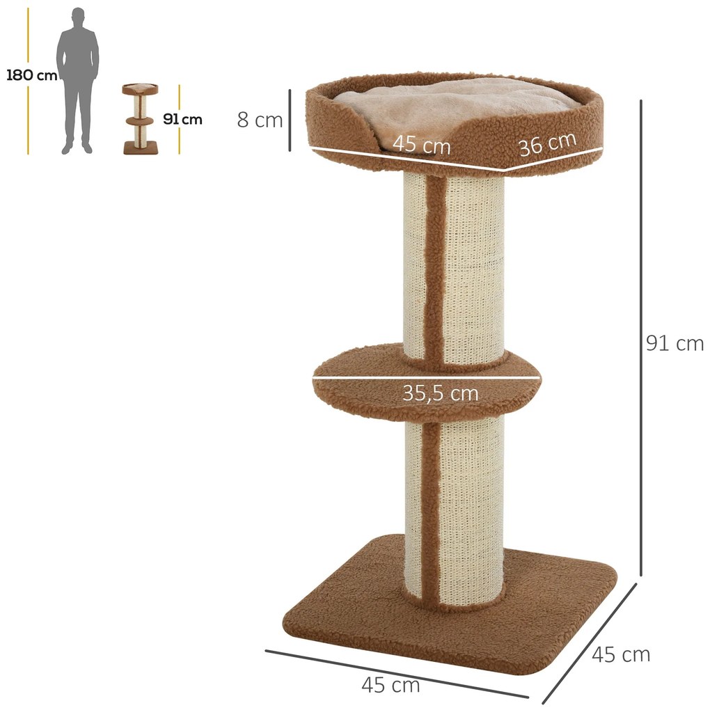 PawHut škrabadlo s odnímatelným polštářem, do 30 kg, škrabadlo, kočičí strom s plošinou, stabilní, sisal, světle hnědá, 45x45x91cm