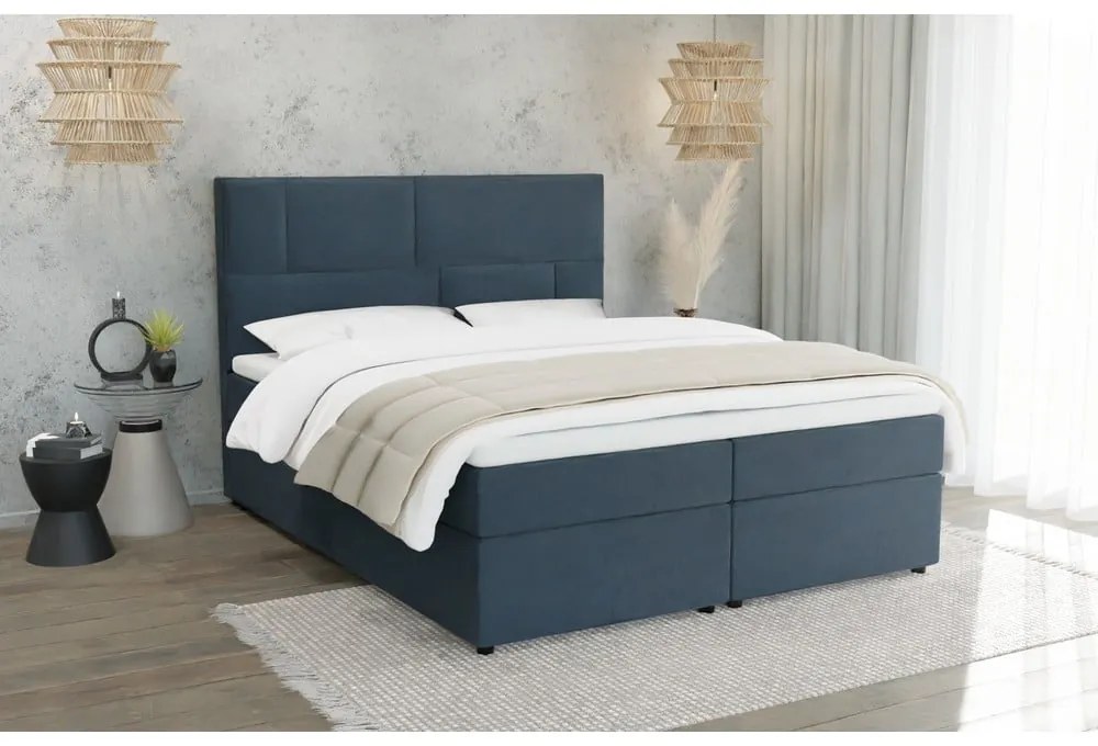 Tmavě modrá boxspring postel s úložným prostorem 200x200 cm Lola – Ropez