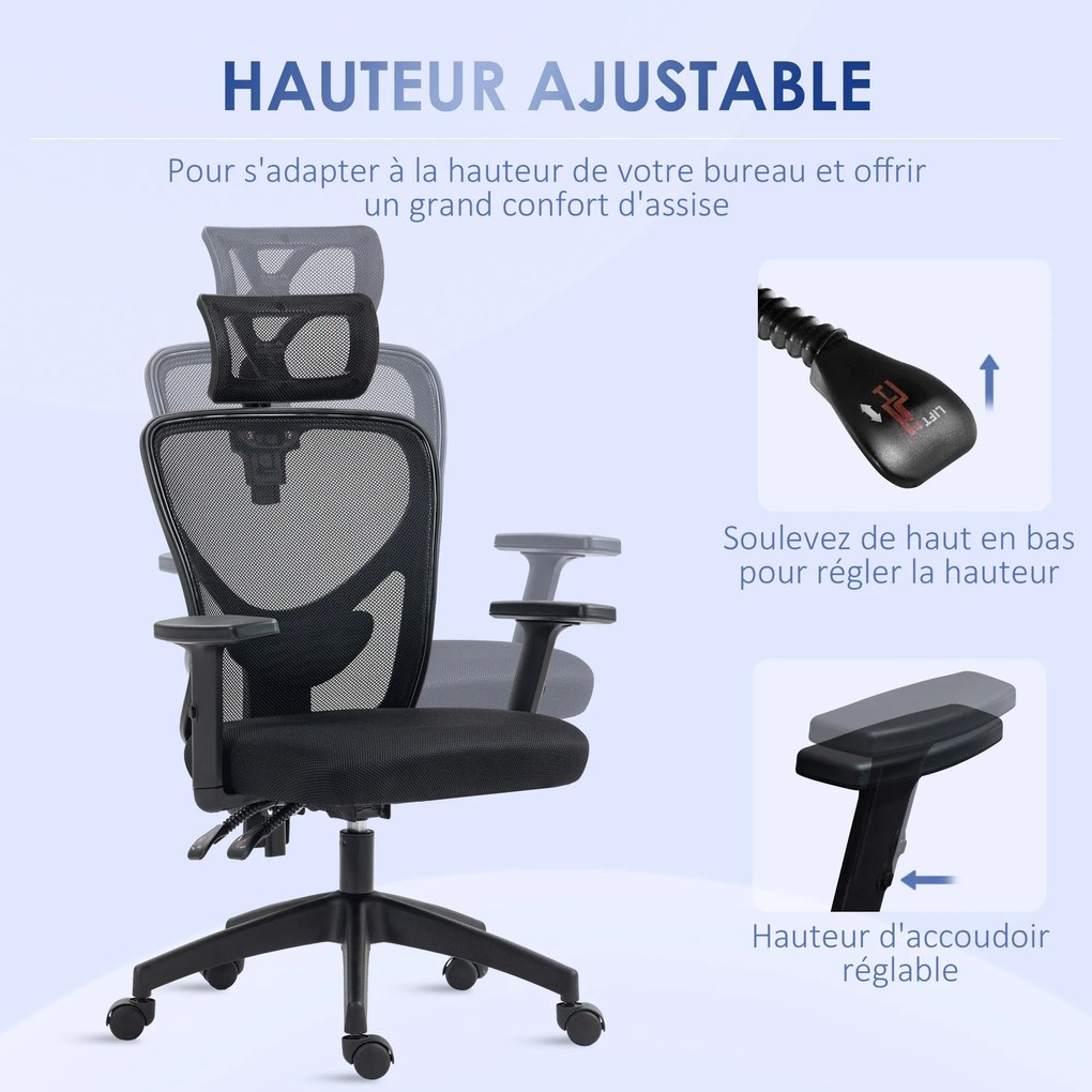 Vinsetto Kancelářská Židle, Kancelářská Židle, Nastavitelný Hlava a Opěrky Rukou, Naklápěcí Ergonomický Opěrák, Výškově Nastavitelný Sedák, Otočná, Pr