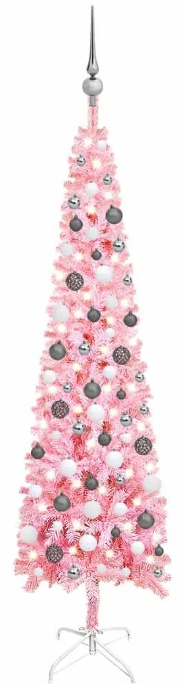 3078108 vidaXL Úzký vánoční stromek s LED diodami a sadou koulí růžový 180 cm