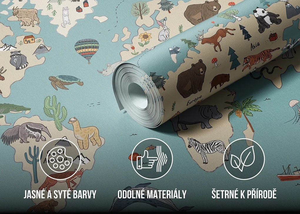 Dětská fototapeta na míru Béžovomodrá Kreslená Mapa Se Zvířaty | Vliesová fototapeta na zed' | DFTD5P 352453