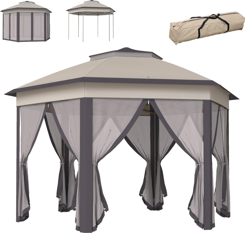 Outsunny zahradní altán skládací altán 4x4m pop-up stan party stan s taškou na přenášení a 6 bočními panely, dvojitá šestihranná střecha v kávové a b…