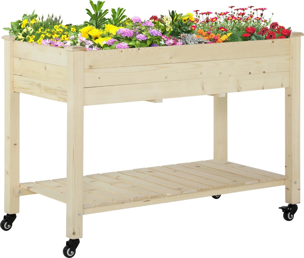 Outsunny Zvednutý městský zahradní stůl 118x55x83 cm Dřevěné zvýšené lůžko se policí Geotextilní látka Kola s brzdami Přenosné pro zahradničení na ter