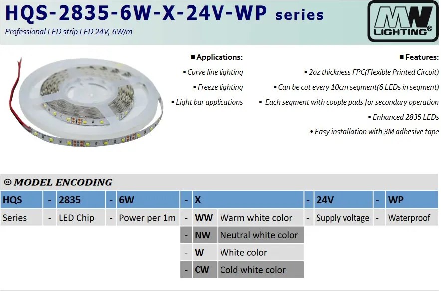 LED pásek MW Lighting PRO HQS-2835-6W-W-24V-WP 24VDC 510lm, 6-8000K, 6W, 5m