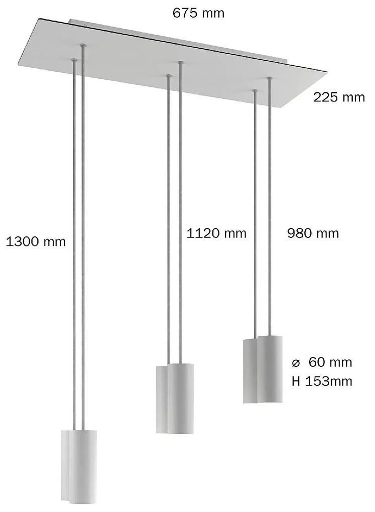 creative cables Závěsná lampa s 6 světly, s obdélníkovým XXL baldachýnem Rose-one, textilním kabelem a kovovými stínidly Tub-E14 Barva: Hladký ocelový dibond