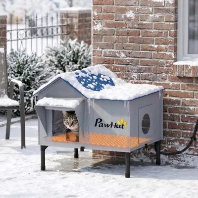 PawHut Venkovní vyhřívaný dům pro kočky Vodotěsný Zvýšená podlaha 5 cm Vyhřívací polštář 55°C 51 x 41 x 55 cm Světle šedá
