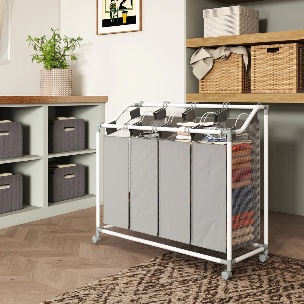 HOMCOM Koš na prádlo se 4 přihrádkami 160 L sběrač prádla s koly, vyjímatelný pytel na prádlo, 97 x 38 x 81 cm, šedá