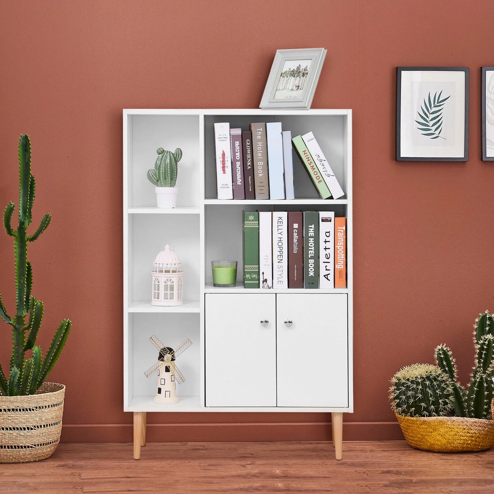 HOMCOM Skandinávská Knihovna s Úložným Prostorem, rozměry 80 Š x 23,5 H x 123 V cm, 5 nik, skříňka, 2 dveře, zúžené nohy z masivního borovicového dře…