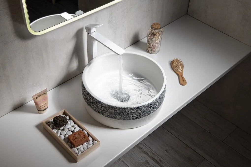 Sapho, PRIORI keramické umyvadlo, průměr 41 cm, 15 cm, barva bílá s modrou malbou, PI027