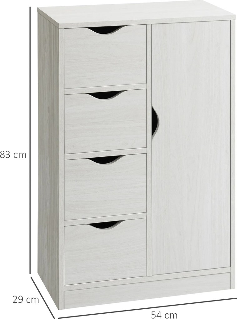 HOMCOM Obývací pokoj komoda se 4 šuplíky, 1 dveřmi a vnitřní policí - univerzální úložná skříň do koupelny, ložnice, jídelny 54x29x83 cm Bílá s dřevě…