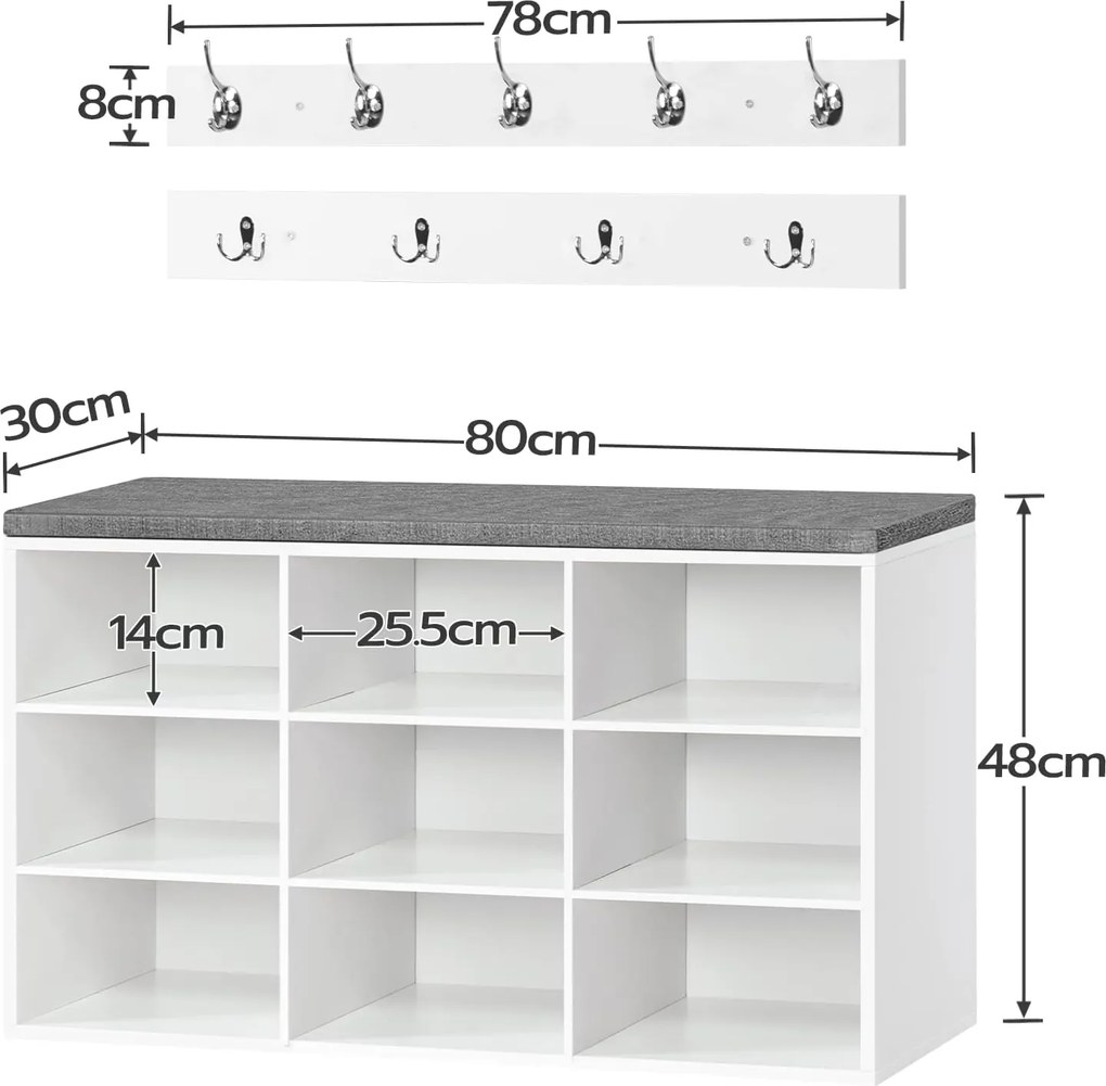 Předsíňový věšák s botníkem a sedákem Vasagle Jungo 80 cm bílý/šedý
