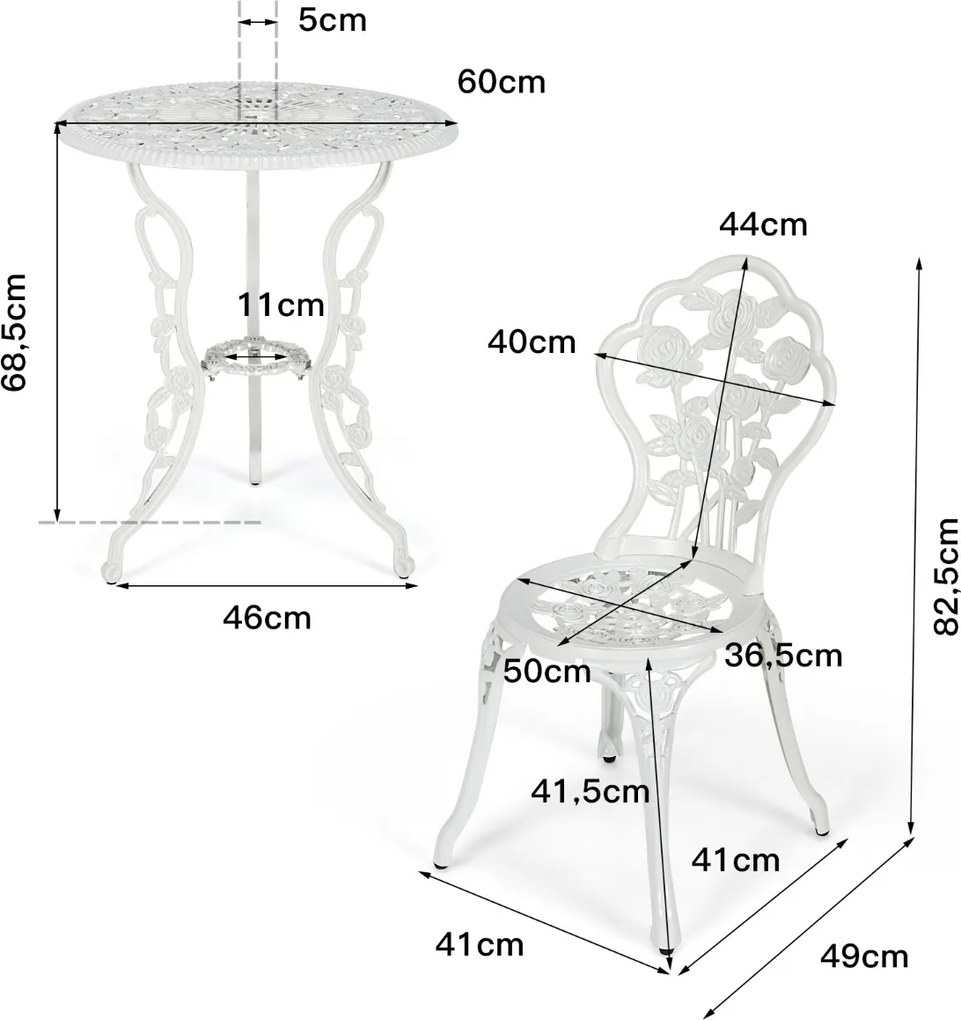 Costway 3 ks. Starožitný bistro set rose design sedací skupina balkonová sada