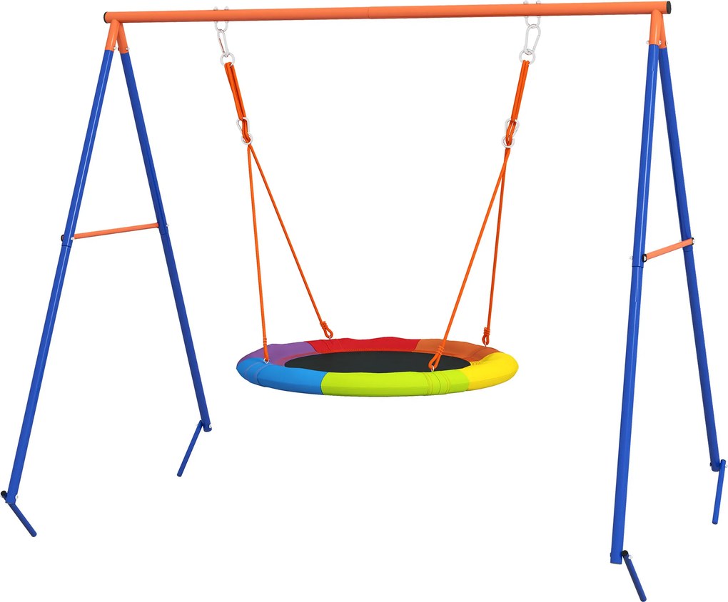 Zahradní houpačka Outsunny pro děti, hnízdová houpačka pro 1-2 děti s vyztuženým kovovým rámem ve tvaru A, 196x172x180cm, vícebarevná