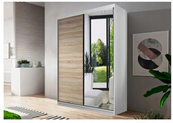 Moderní šatní skříň se zrcadlem Zorea 05 120 cm, bílý korpus, dub sonoma dveře