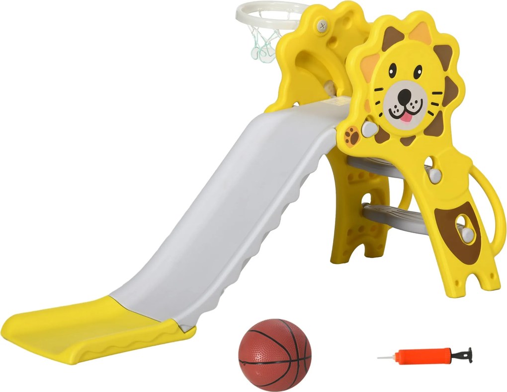 AIYAPLAY Dětská skluzavka 3 v 1 pro děti ve věku 18 až 36 měsíců se 2 schody, 1 košem na basketbal a zvířecím motivem pro vnitřní použití 131x50x74 c…