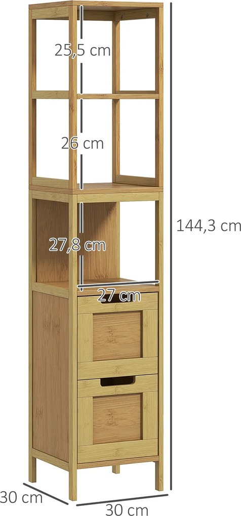 Kleankin Elegantní koupelnová sloupová skříňka 30L x 30W x 144H cm se 3 policemi a 2 zásuvkami z přírodního bambusu | Aosom