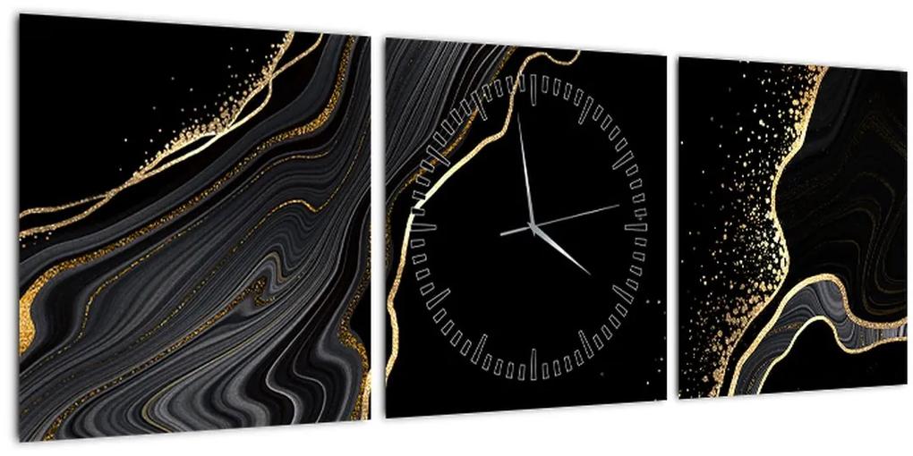 Obraz - Černo-zlatý mramor (s hodinami) (90x30 cm)