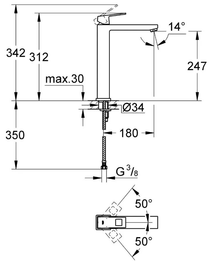 Grohe Eurocube - Páková umyvadlová baterie stojánková bez odtokové garnitury, pro volně stojící umyvadla, chrom 23406000