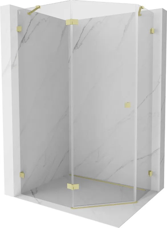 Mexen Lunar, Pětiúhelníkový sprchový kout Mexen Lunar naklápěcí doleva 100 x 80 cm, 8mm čiré sklo, zlatý matný profil, 831-100L-080P-55-00-L
