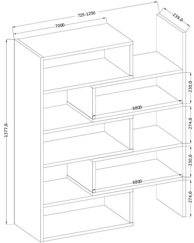 ADRK Designový regál na knihy s nastavitelnou šířkou KARDAL S 72-125, dub sonoma