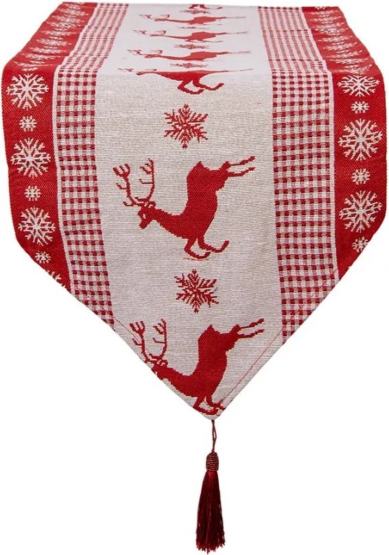 Béžovo-červený běhoun se střapcem a jeleny Christmas Rustic - 33*180 cm