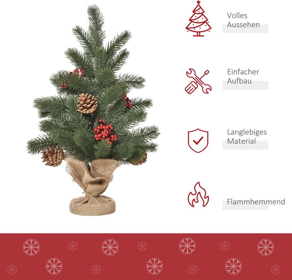 HOMCOM Mini vánoční stromek, vánoční dekorace, včetně ozdob, červené bobule, výška 50 cm, včetně cementového stojanu, zelený + vícebarevný