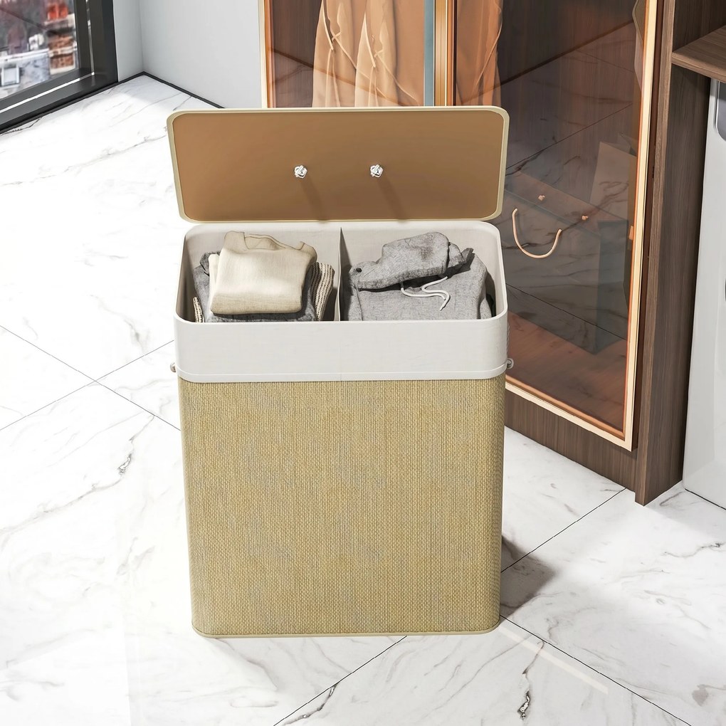 HOMCOM Bambusový koš na prádlo s víkem 100L Koš na prádlo se 2 přihrádkami a vyjímatelným vnitřním pytlem pro laundry room a ložnici 52x32x63 cm Přír…