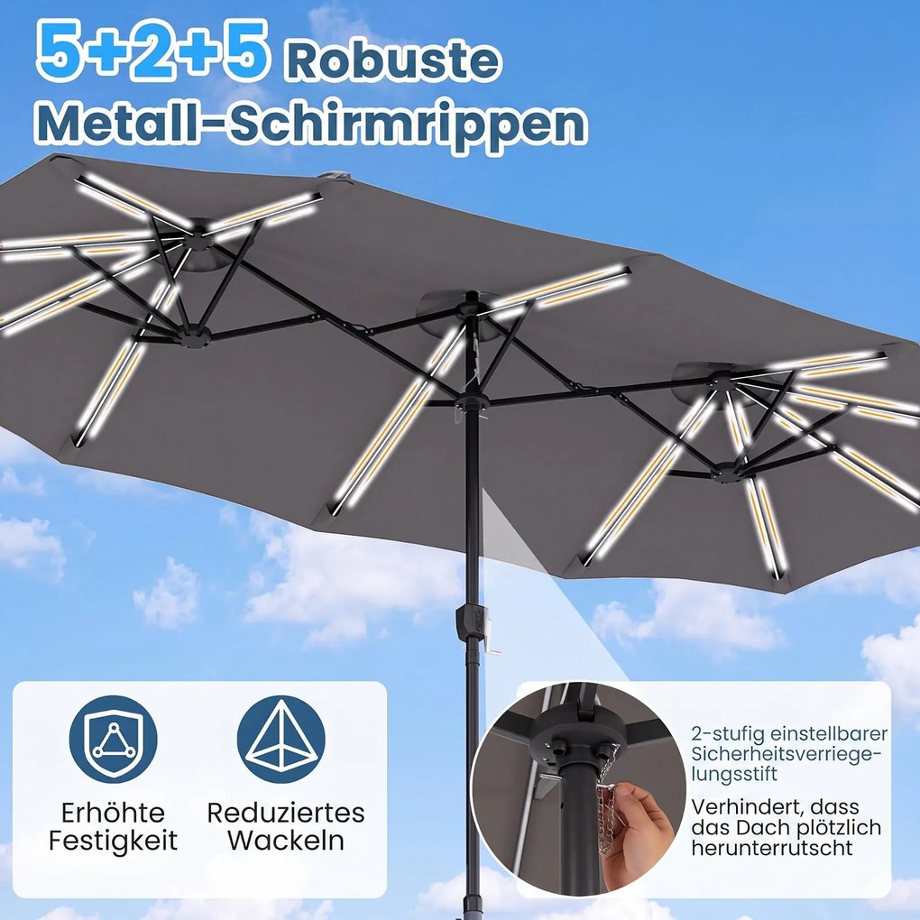 Costway Dvojitý slunečník s klikou a stojanem s 108 LED světle – 370 × 200 cm