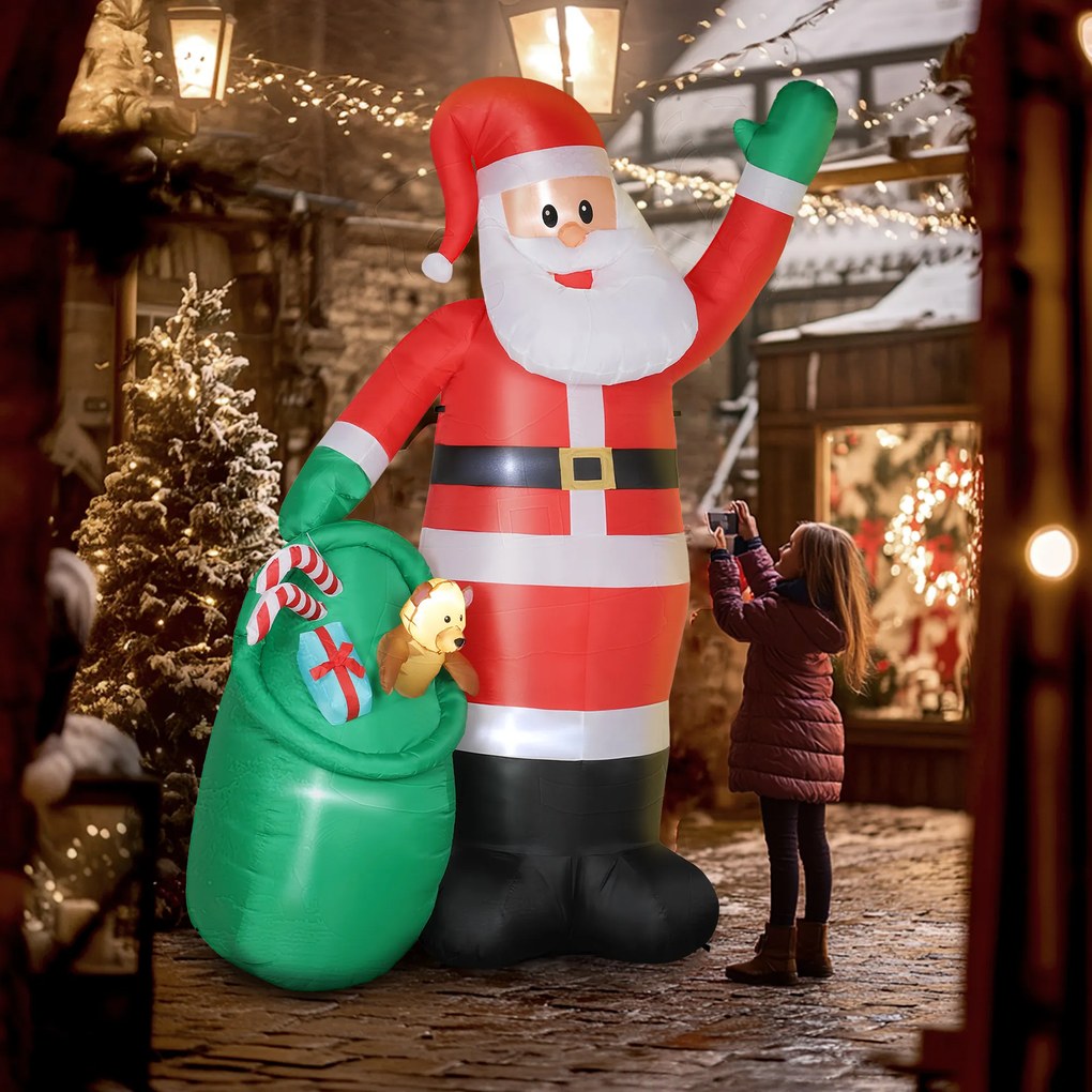 Outsunny Nafukovací Santa Claus, 275 cm, s pytlem a medvědem, vánoční dekorace s integrovanými LED světly