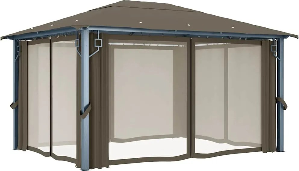 Altán se závěsy a světelnými LED řetězy 4 x 3 m taupe hliník 3070337