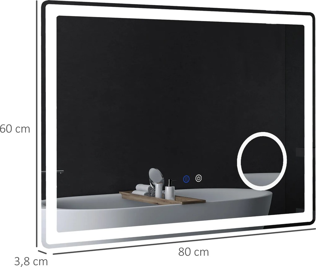 kleankin LED koupelnové zrcadlo Koupelnové zrcadlo s 3x zvětšením a dotykovou funkcí, 80x60 cm, 3 barvy světla, bez mlhy| Aosom