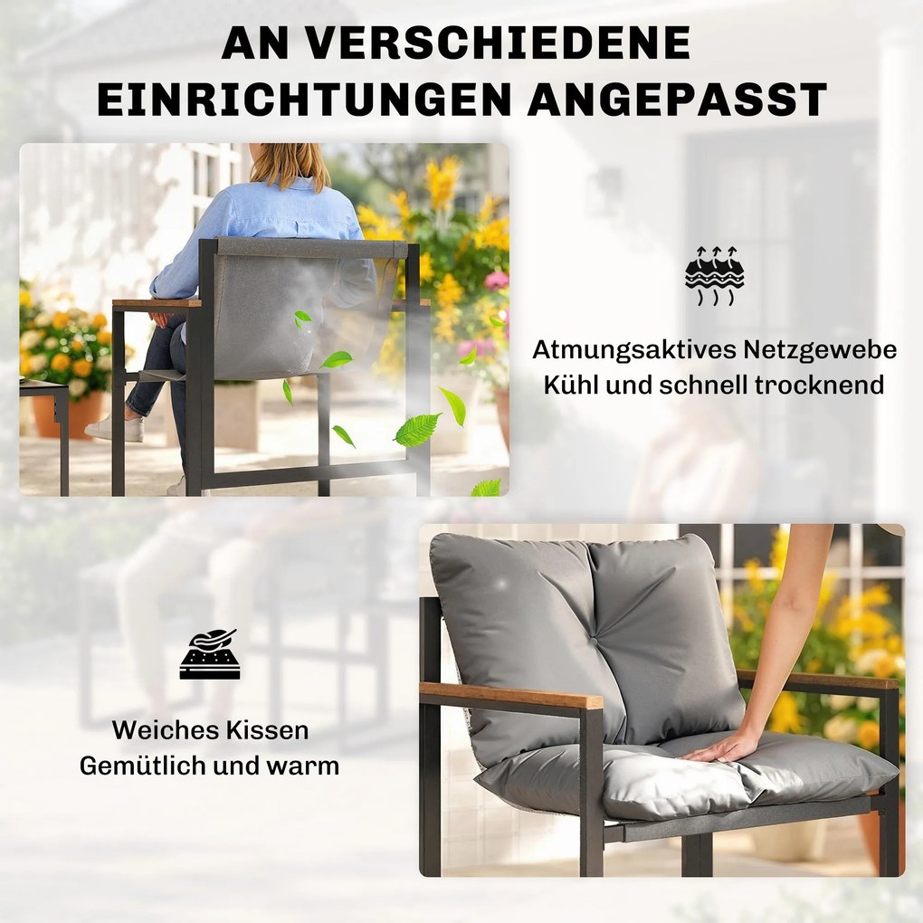 Outsunny 3dílný bistro set pro 2 osoby — kovový rám, polstrovaná křesla a odkládací stolík, zahradní nábytek na balkon, terasu nebo trávník