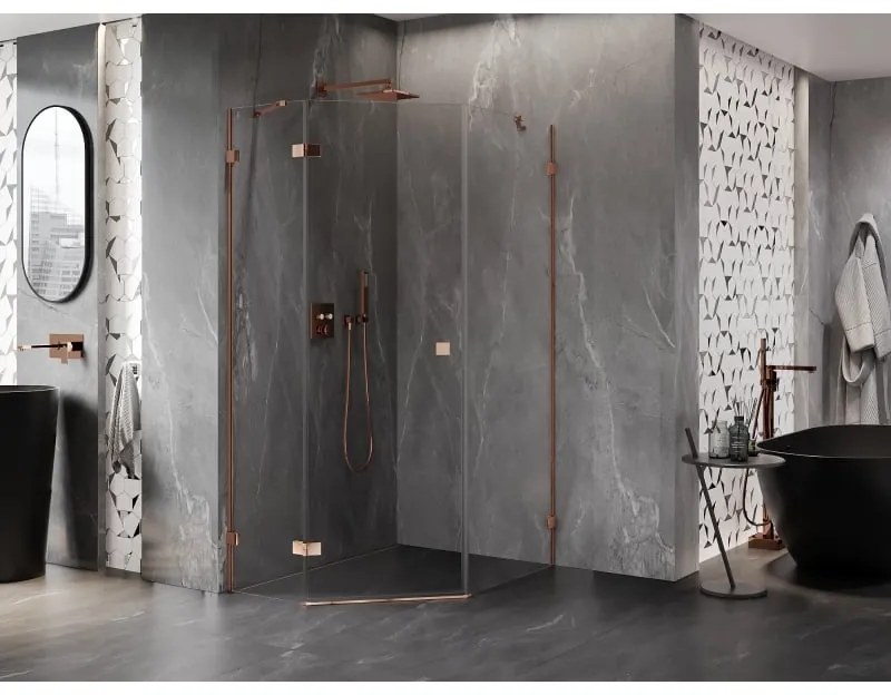 Mexen Lunar, Pětiúhelníkový sprchový kout Mexen Lunar s výklopným levým oknem 80 x 100 cm, 8mm čiré sklo, profil růžové zlato, 831-080L-100P-60-00-L