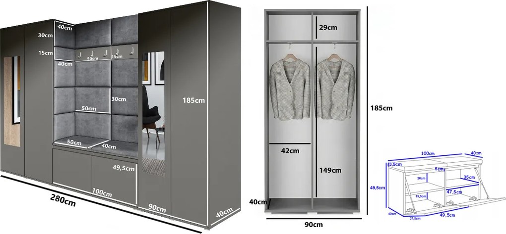 Předsíňová stěna Trinity 10 s čalouněnými panely, 280 cm, grafit/ světle béžová
