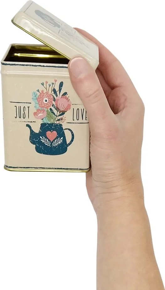 Plechová dóza Just love, 100 g – krémová, lesklý povrch, s víčkem na panty, s romantickým motivem, na čaj, kávu a bylinky